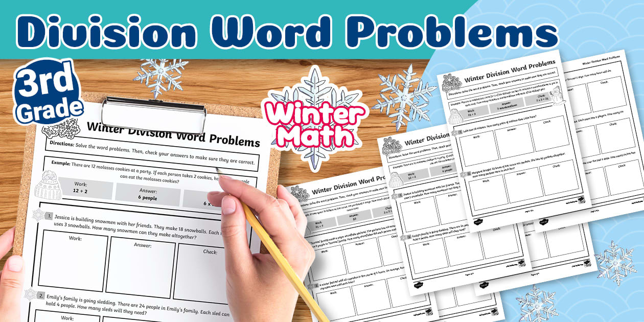 Third Grade Winter Division Word Problems Worksheets