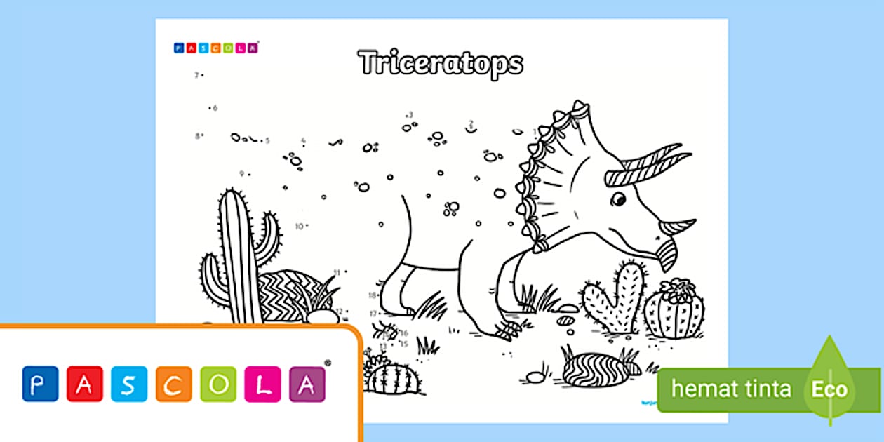 Lembar Mewarnai Titik ke Titik Triceratops Twinkl X Pascola