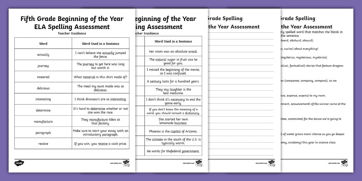 Fifth Grade Beginning of the Year ELA Spelling Assessment