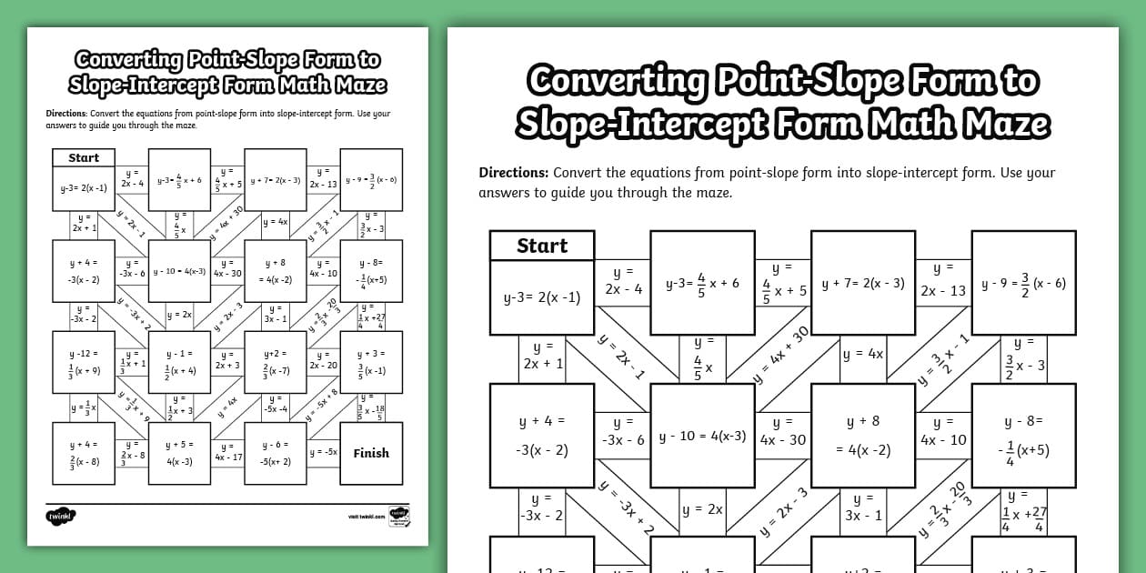 Eighth Grade Converting Point-Slope Form to Slope-Intercept Form Math Maze