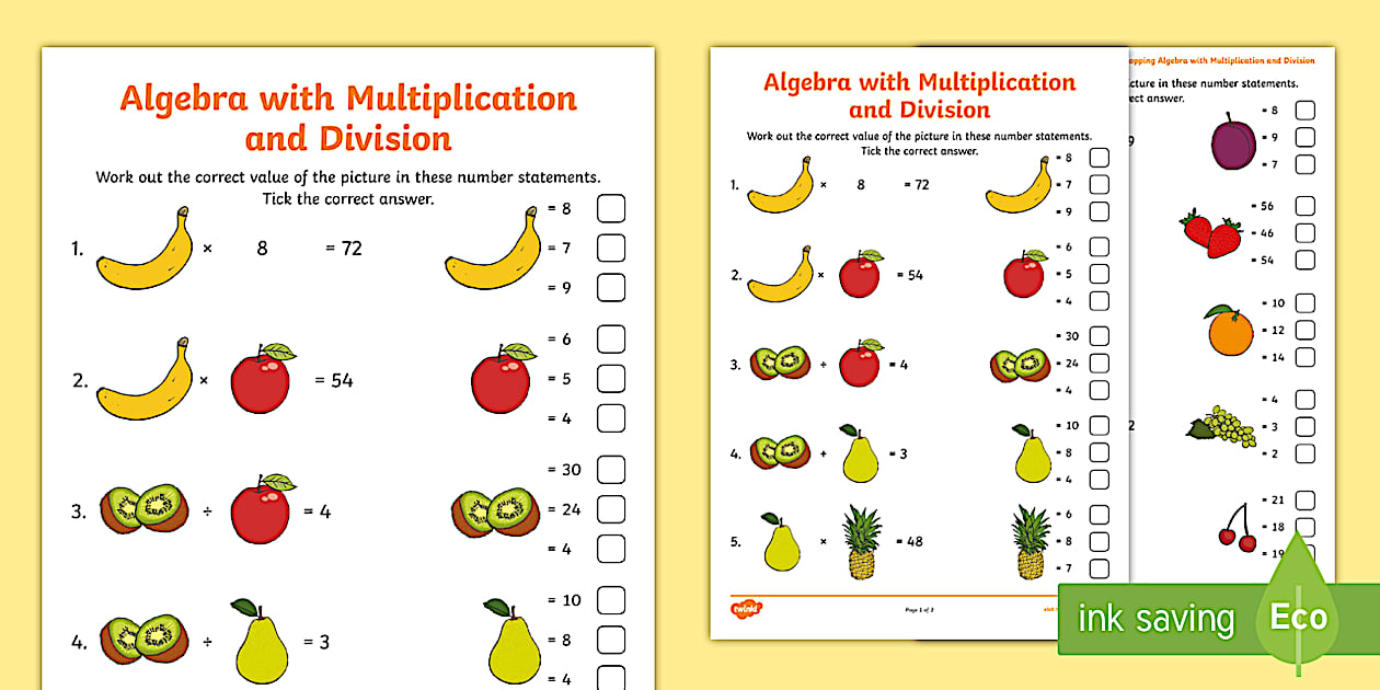 Algebra Multiplication Worksheets with Division - Twinkl