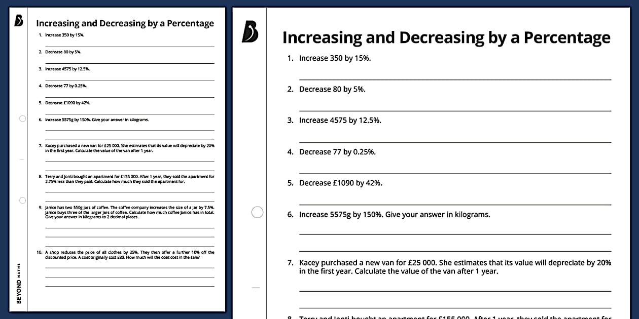 👉 Increasing and Decreasing by a Percentage Worksheet