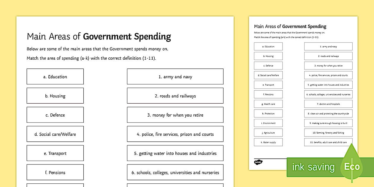 Editable Main Areas of Government Spending Matching Worksheet