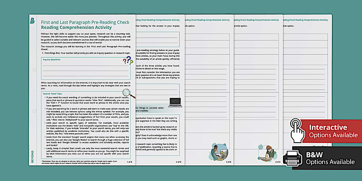 First/Last Paragraph Pre-Reading Check Reading Comprehension