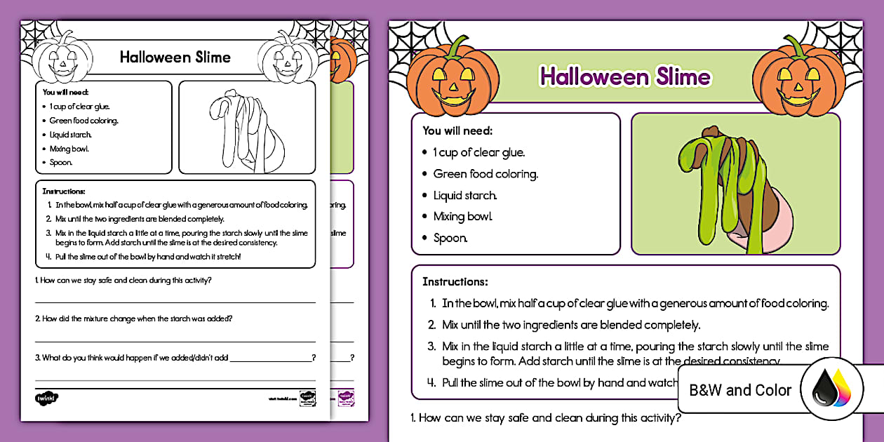 Halloween Slime Science Worksheet for K-2nd Grade - Twinkl