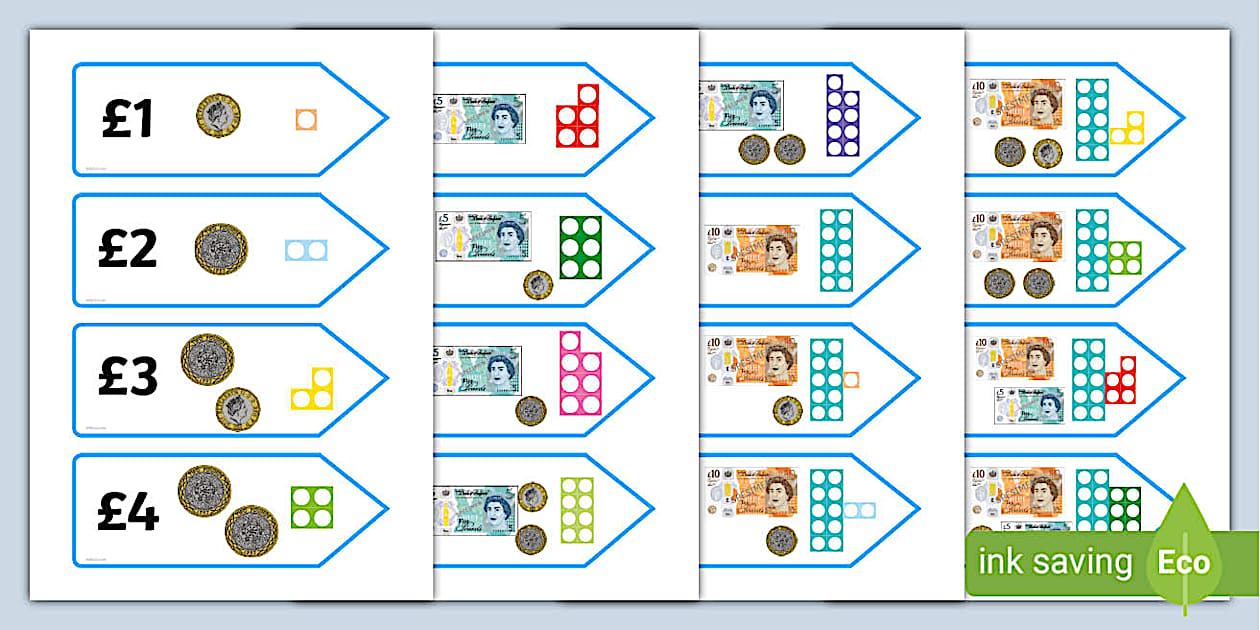 👉 Number Shapes Price Labels in Pounds - Coins and Notes