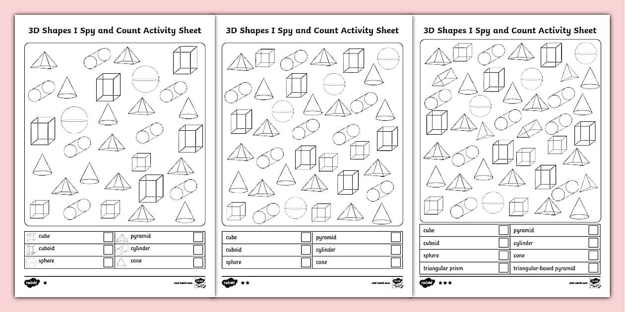 3D Shapes I Spy and Count Activity Sheet (teacher made)