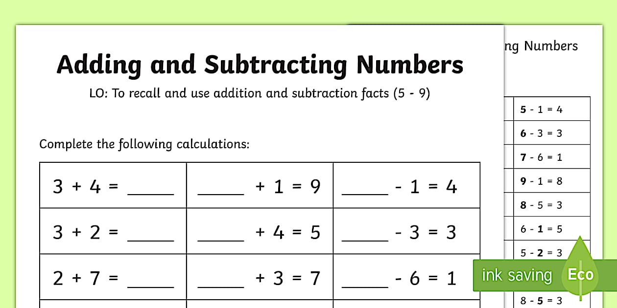 Number Facts Worksheet 5-9 (teacher made) - Twinkl