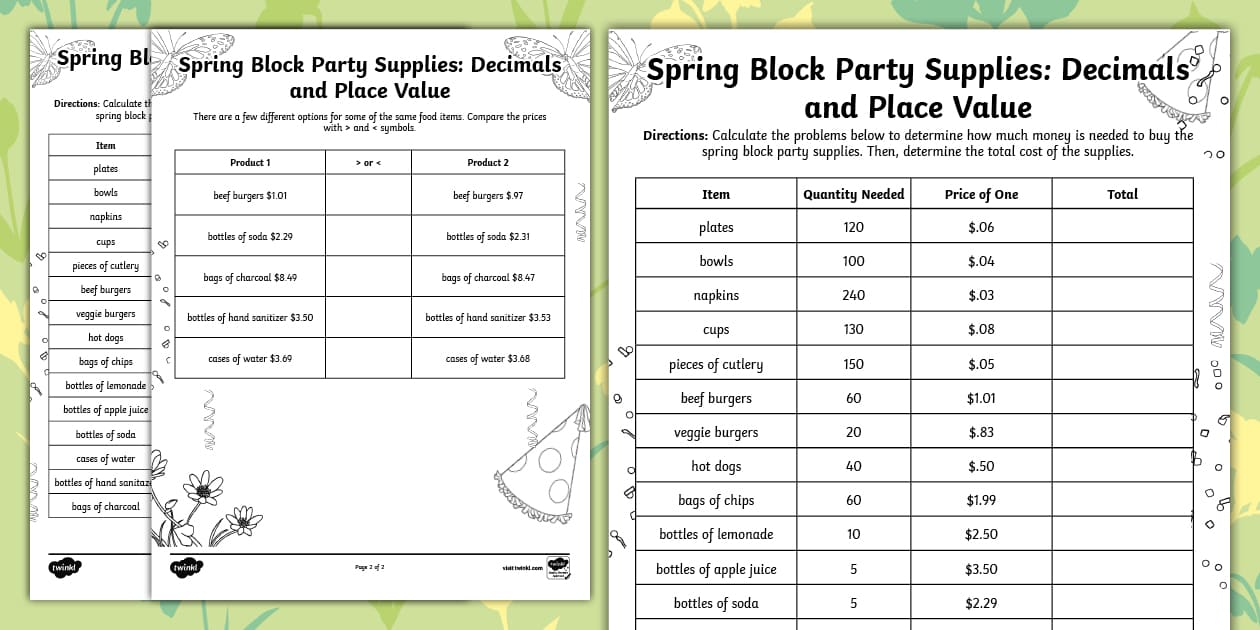 Spring Block Party Supplies: Decimals and Place Value