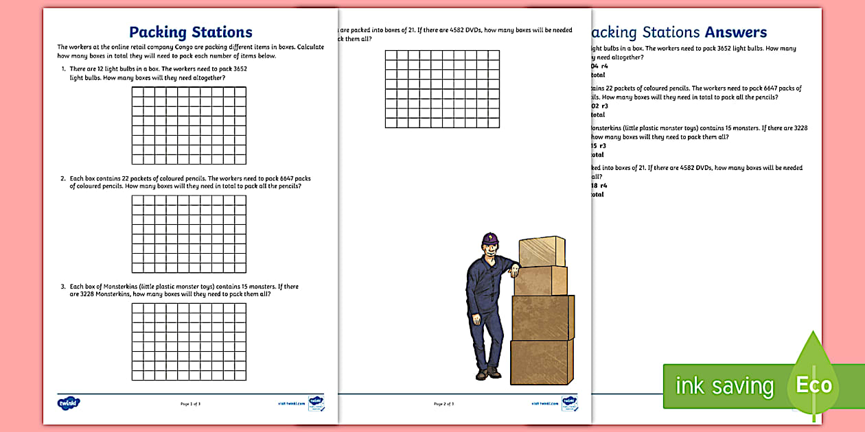 Packing Stations Division Worksheet (Teacher-Made) - Twinkl