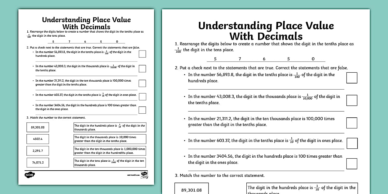 Understanding Place Value With Decimals Worksheet 3rd-5th Gr