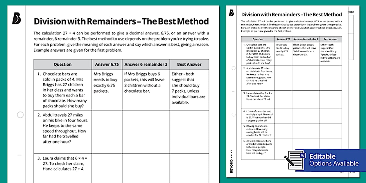 Editable Division with Remainders - The Best Method - Twinkl
