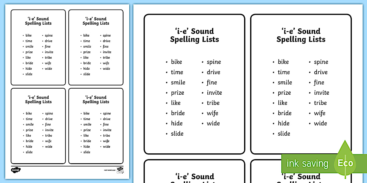i_e Words Phonics - Printable Spelling List for Children