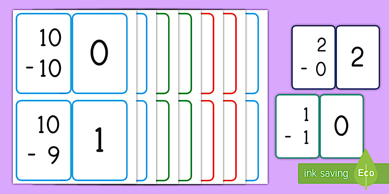 Basic Subtraction (0-10) Math Facts Flash Cards - Printable