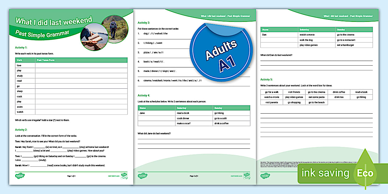 ESL What I Did Last Weekend - Simple Past Grammar Sheet [A1]