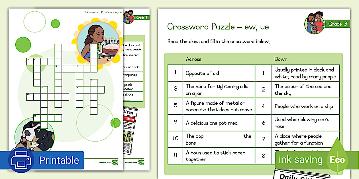 Grade 3 Phonics: ew ue: Crossword Puzzle