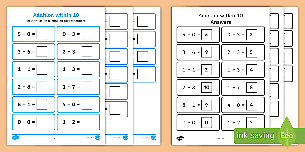 Editable Addition within 10 Worksheet (teacher made)