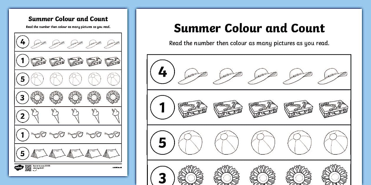 Summer Themed Count and Colour Sheet (teacher made) - Twinkl