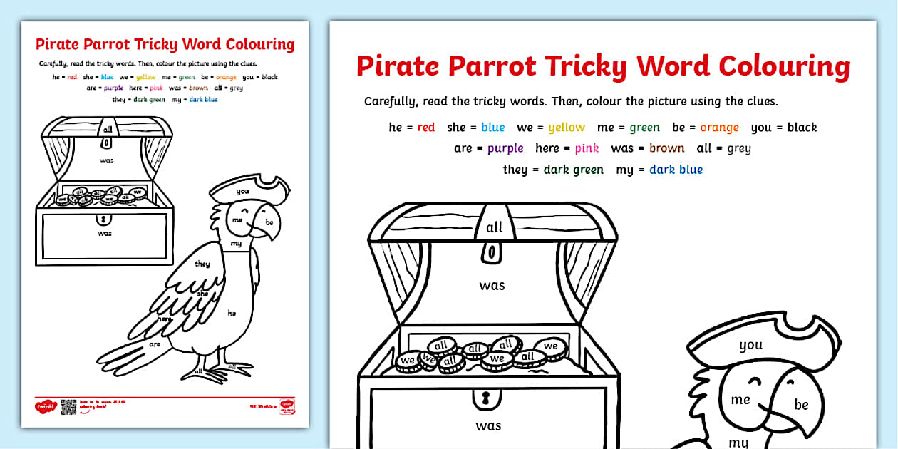 Editable Pirate-Themed Phase 3 Tricky Words Colouring Worksheet