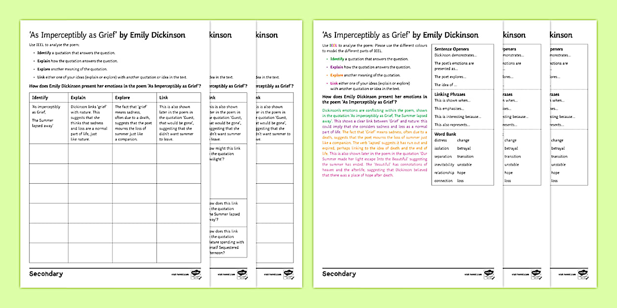 GCSE 'As Imperceptibly as Grief' by Emily Dickinson Analysis Worksheet