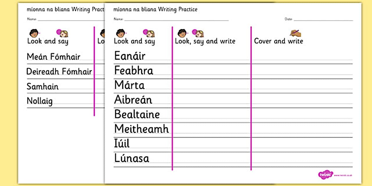 Míonna na bliana Writing Practice Worksheets Gaeilge