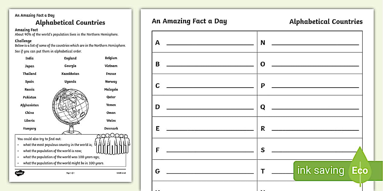 List of Countries in Alphabetical Order Worksheet | Twinkl