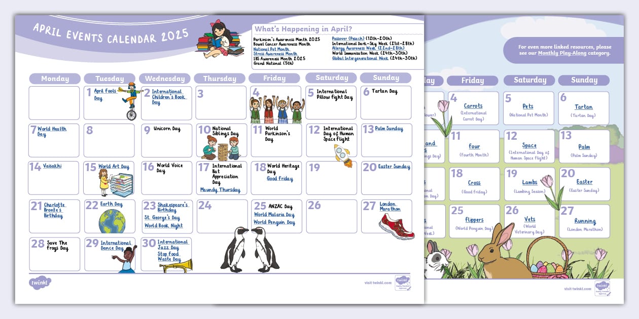 April Events and Play-Along Calendar Pack (2025) - Twinkl