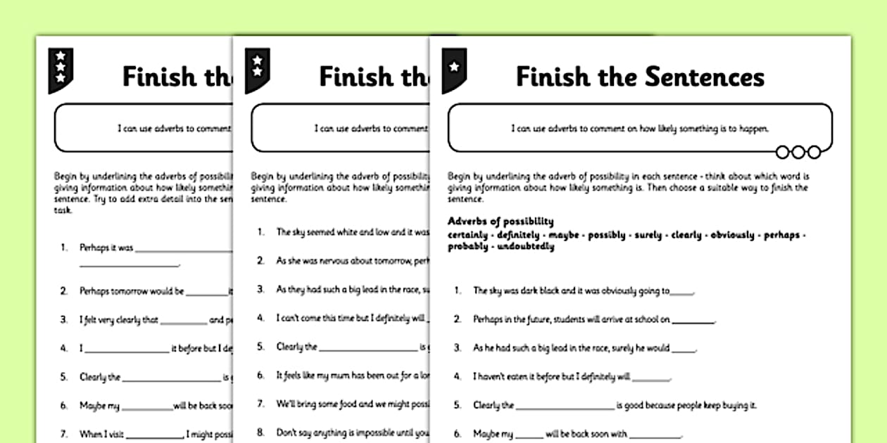 Editable Differentiated Adverbs of Possibility Finish the Sentences ...