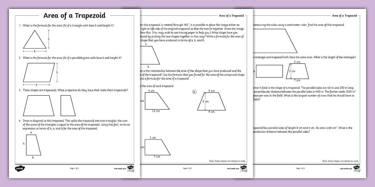 Seventh Grade Area of a Trapezoid Worksheet (teacher made)