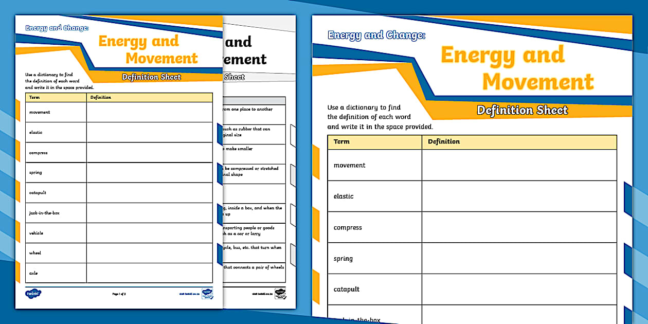 Gr 5: Energy and Movement Definition Sheet (Teacher-Made)
