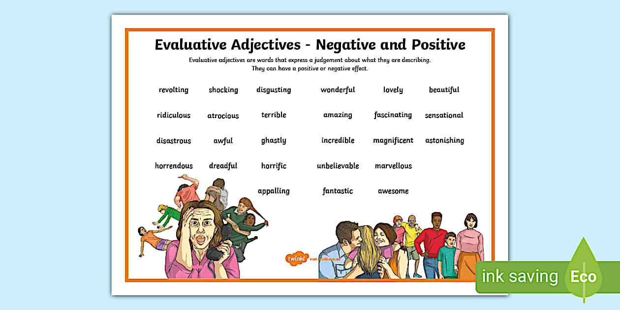 Evaluative Writing Adjectives Negative and Positive Word Mat