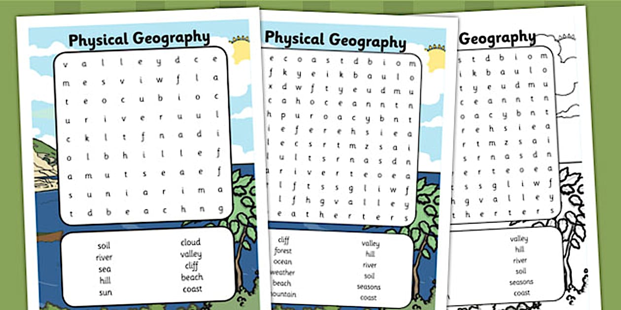 Black and White Physical Geography Word Search - Twinkl