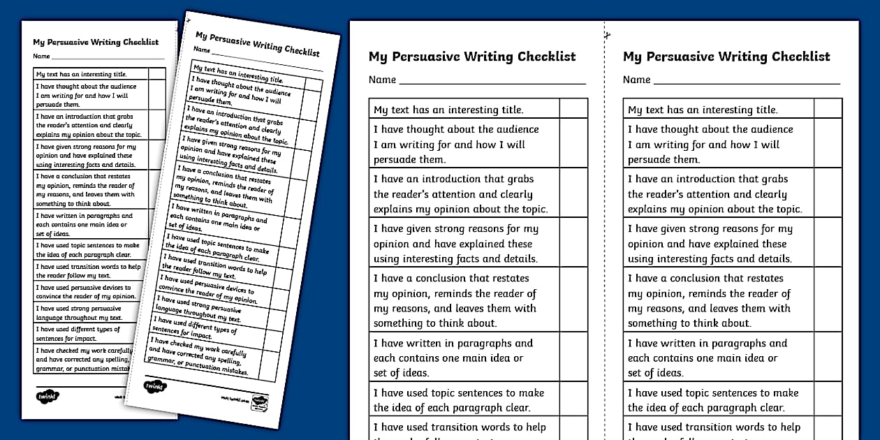 Persuasive Writing Student Checklist for 6th-8th Grade
