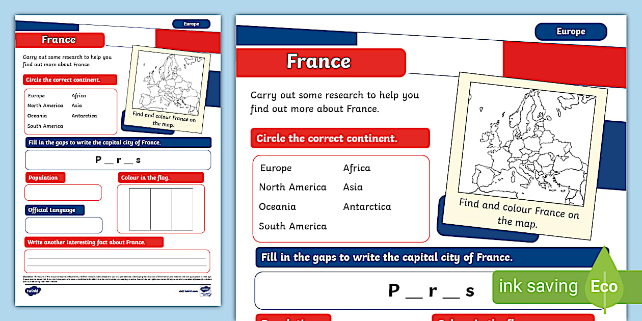 KS1 France Research Activity (creat de profesori) - Twinkl