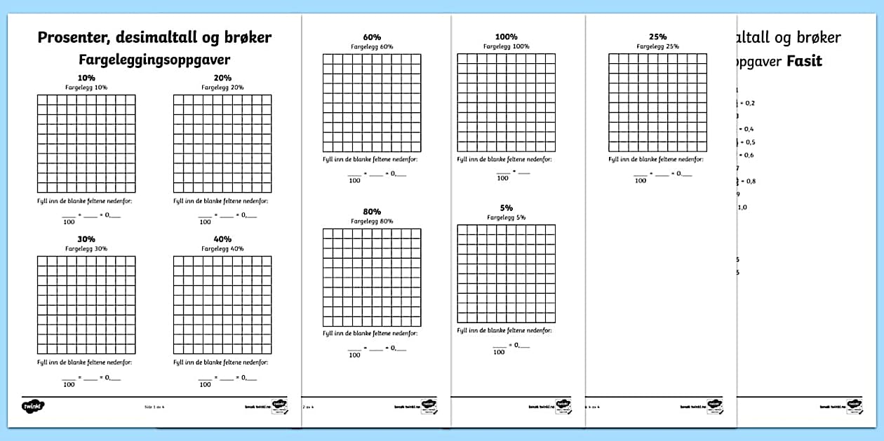 Prosenter, desimaltall og brøker | Arbeidsark - Twinkl