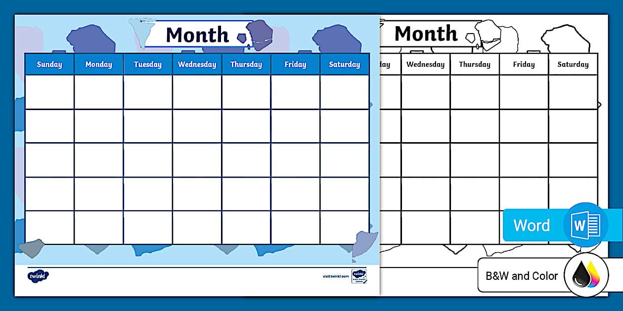 Editable Blue Monochrome Terrazzo Theme Calendar - Twinkl