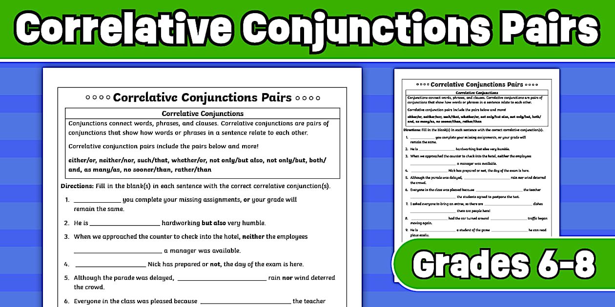 Correlative Conjunction Pairs Worksheet for 6th-8th Grade