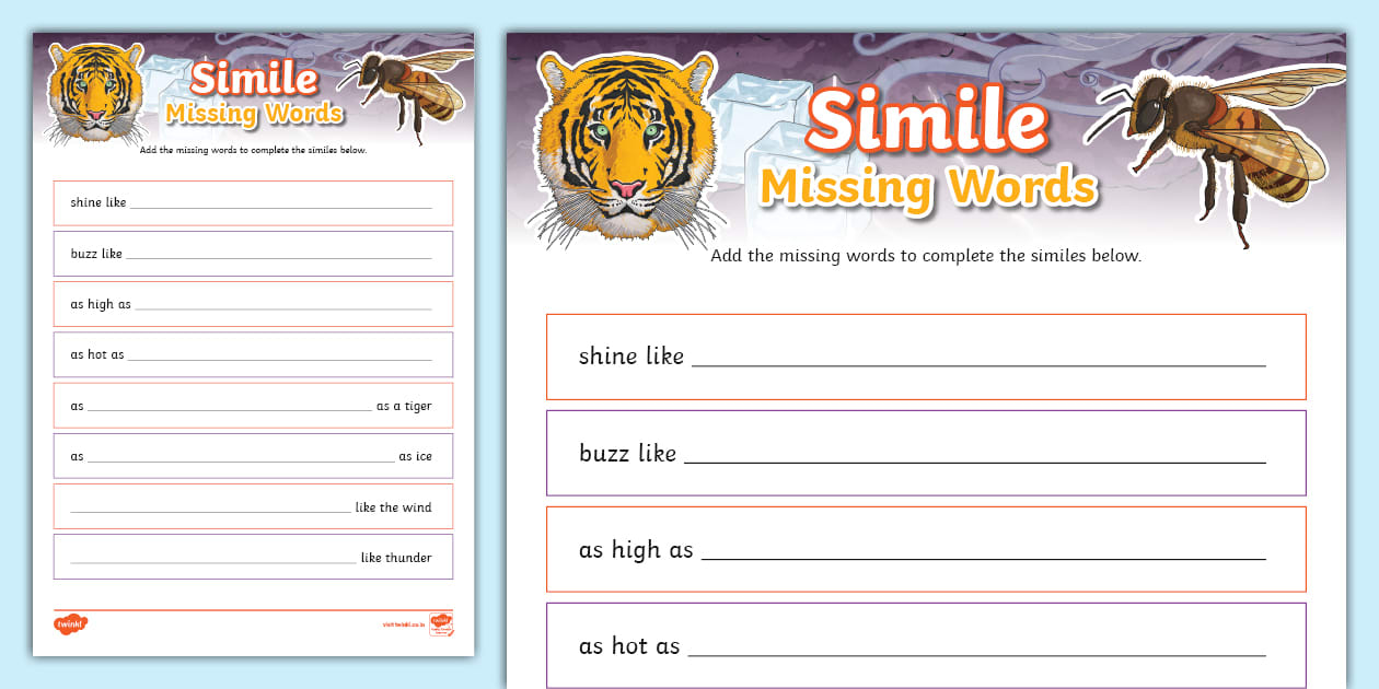 Simile Missing Words Worksheet (teacher made) - Twinkl