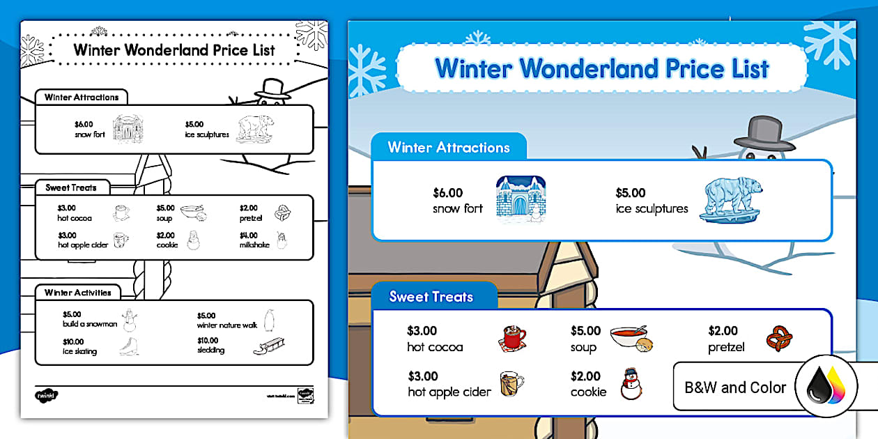 Winter Wonderland Dramatic Play Price List Sign - Twinkl