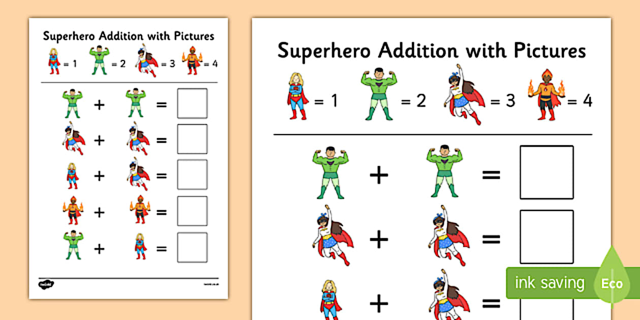 Superheroes Themed Addition with Pictures Worksheet / Worksheet Pack