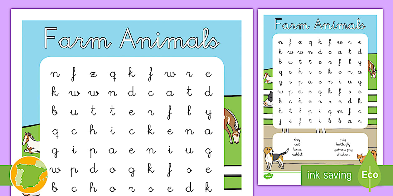 A1 Sopa de letras: Los animales de la granja en inglés