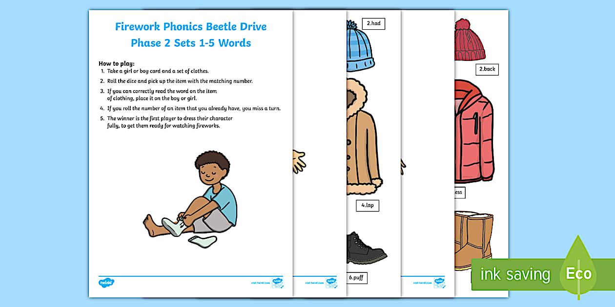 Black and White Firework CVC Word Beetle Drive - Phase 2 Sets 1-5 Activity