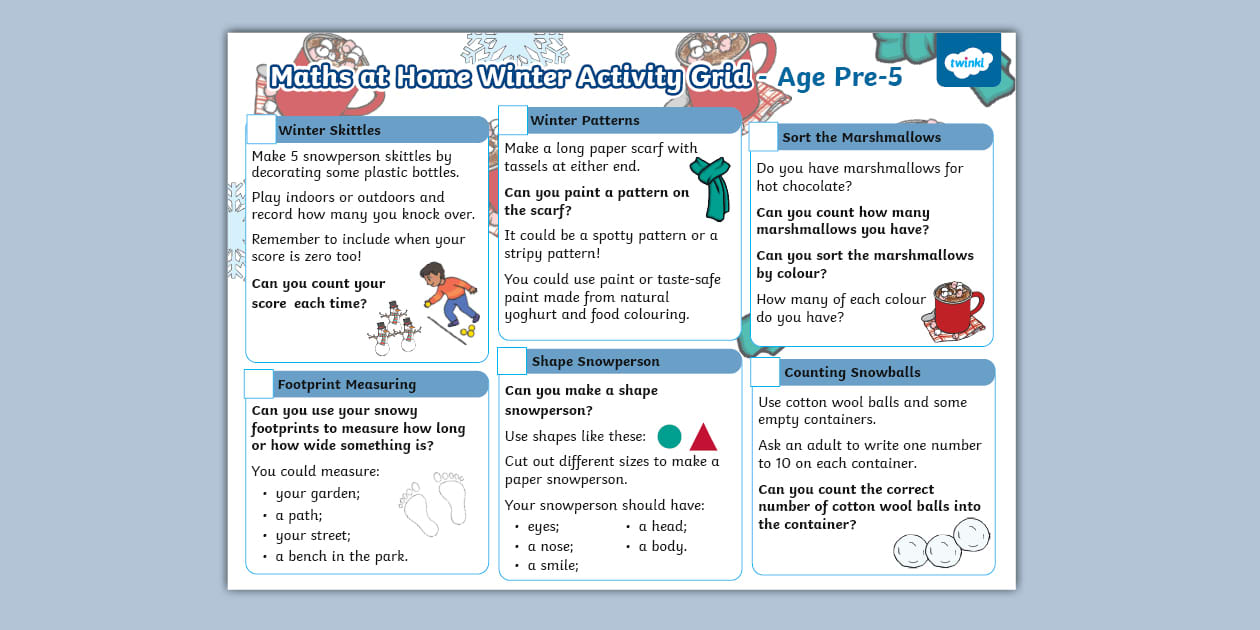 Maths at Home Winter Activity Grid - Age Pre-5 - Twinkl