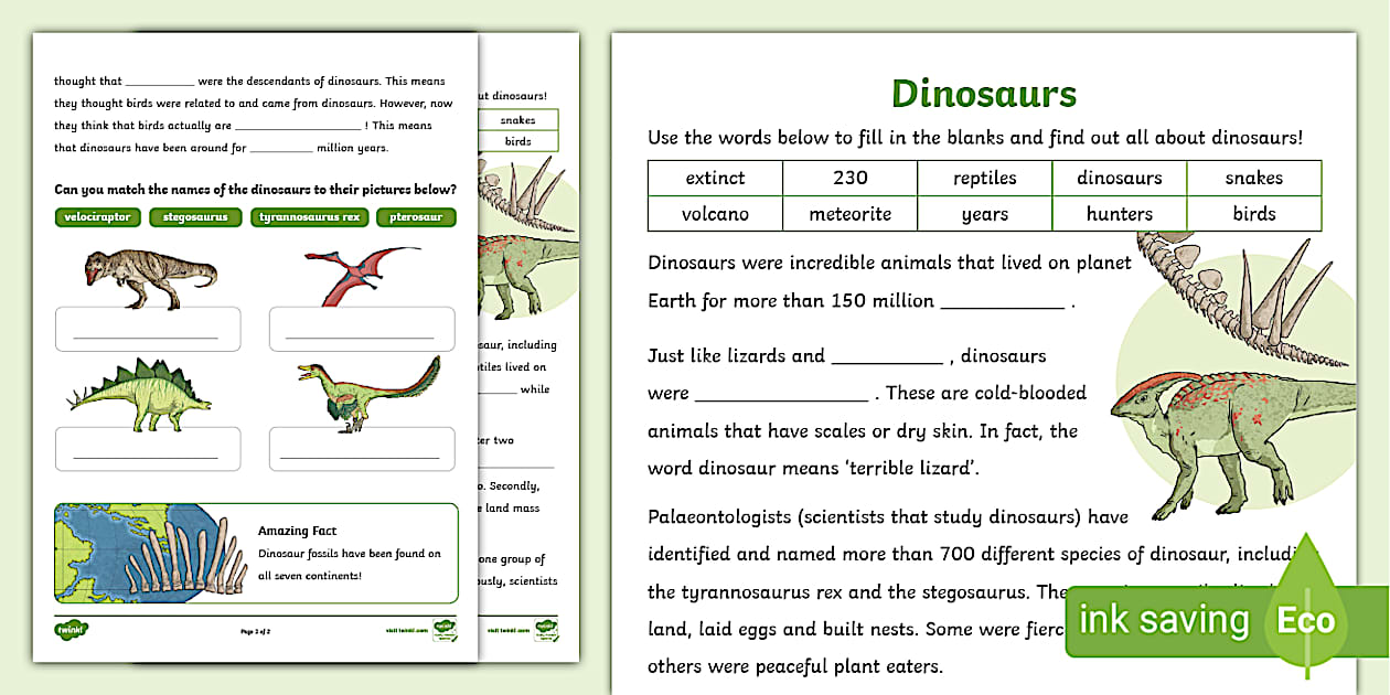 Dinosaurs Cloze Activity (teacher made) - Twinkl