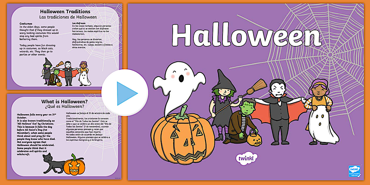 All About Halloween PowerPoint English/Spanish - Twinkl