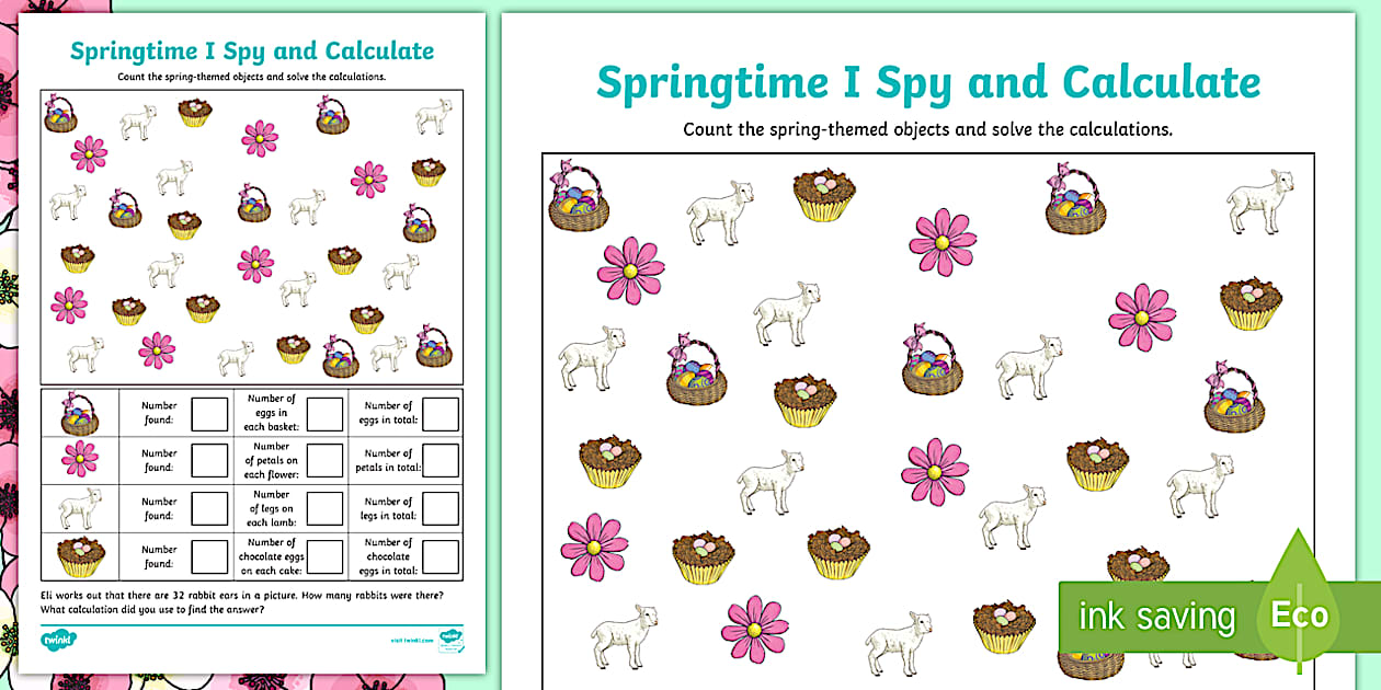 Spring-Themed I Spy and Calculate Multiplication up to 12× 12 Worksheet