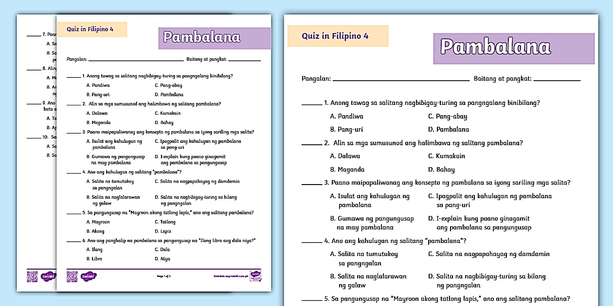 Grade 4 Filipino Quiz - Pambalana (teacher made) - Twinkl