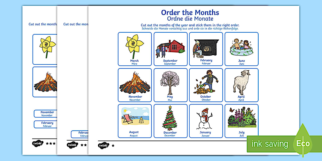 Months of the Year Cut and Stick Worksheet / Worksheet - English/German