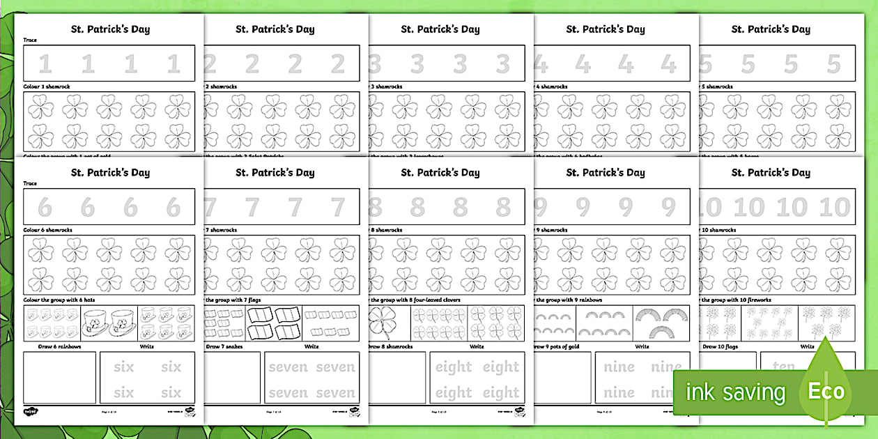 St. Patrick's Day Number Worksheets - Twinkl