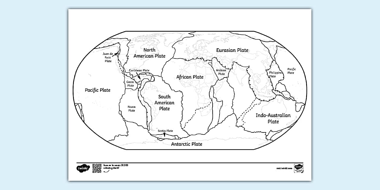 World Map With Tectonic Plates Colouring Sheet - Twinkl